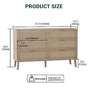 GarveeHome 6 Drawer Rattan Dresser, 47.2" x 15.7" x 29.5" Rattan Chest of Dressers, Mid Century Modern Dresser for Closet with Handles, Large Table Top, Dresser Bedroom, Living Room, Hallway, Entryway