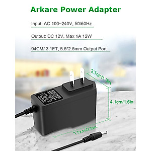 Arkare 12V 1A AC/DC Power Supply Adapter 12Volt Replacement Power Cord Wall Charger AC 100V-240V to DC 12Volt 1Amp 0.5A Transformer for Security Camera BT Speaker GPS Webcam Router Scanner with 10TIPS