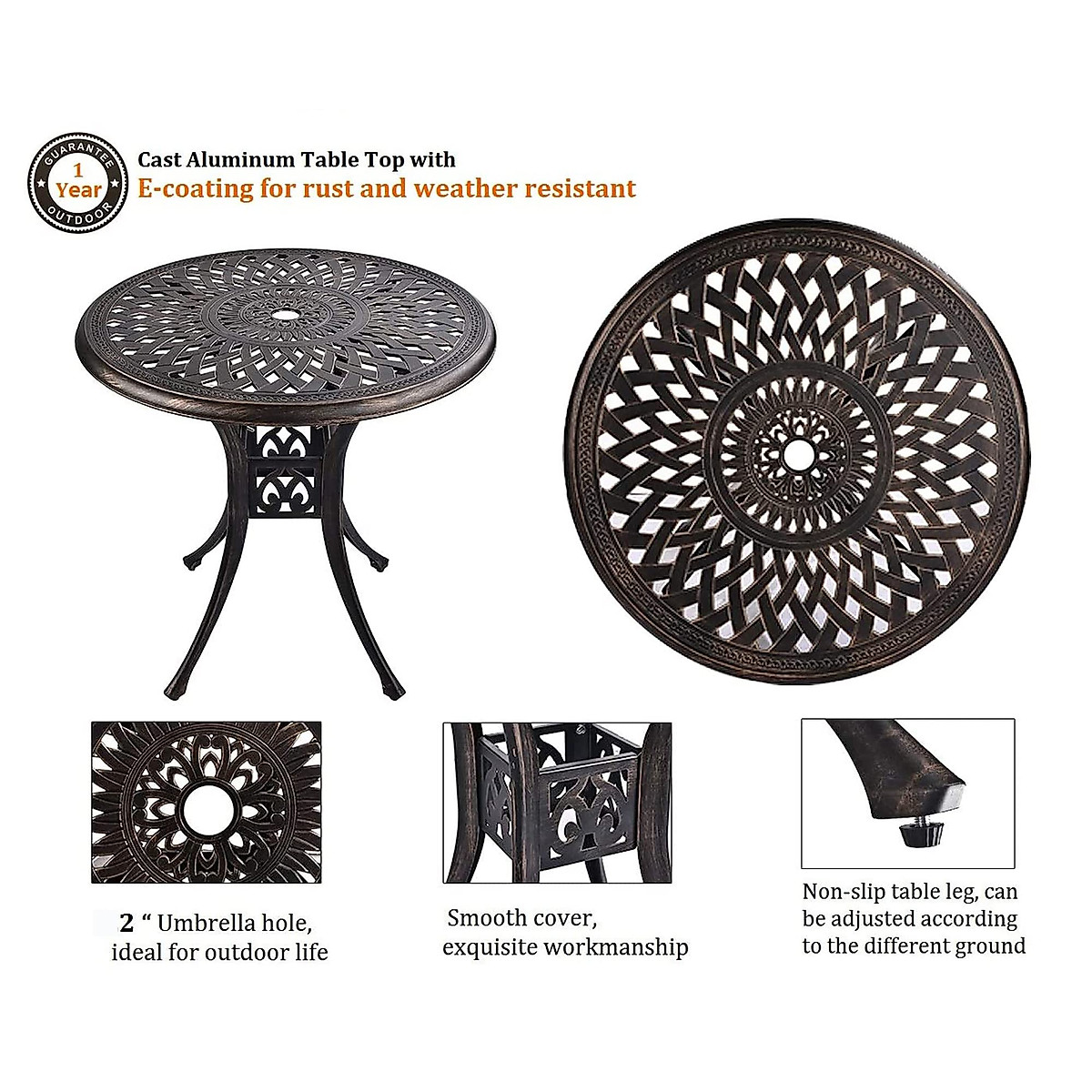 Grepatio 31" Patio Dining Table, Cast Aluminum Outdoor Bistro Table with Umbrella Hole Round Conversation Table, Antique Bronze