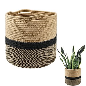 Oaixuilhy Cotton Rope Woven Storage Basket with Handles Cotton Blanket Organizer Laundry Basket Empty Gift Basket for Planter Shelf Desk Home Decor (12 x 12 Inches, Jute & Black)