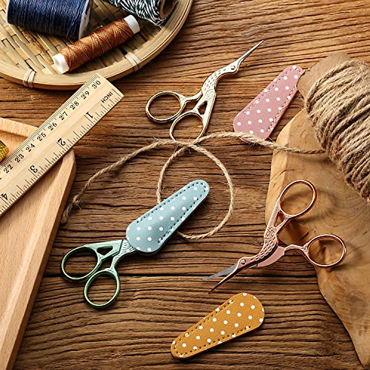 3 Pieces Sewing Embroidery Stork Scissors with 3 Pieces Leather Scissors Cover, Small Stainless Steel Crane Shape Scissors for Manual Sewing Handicraft DIY Tool