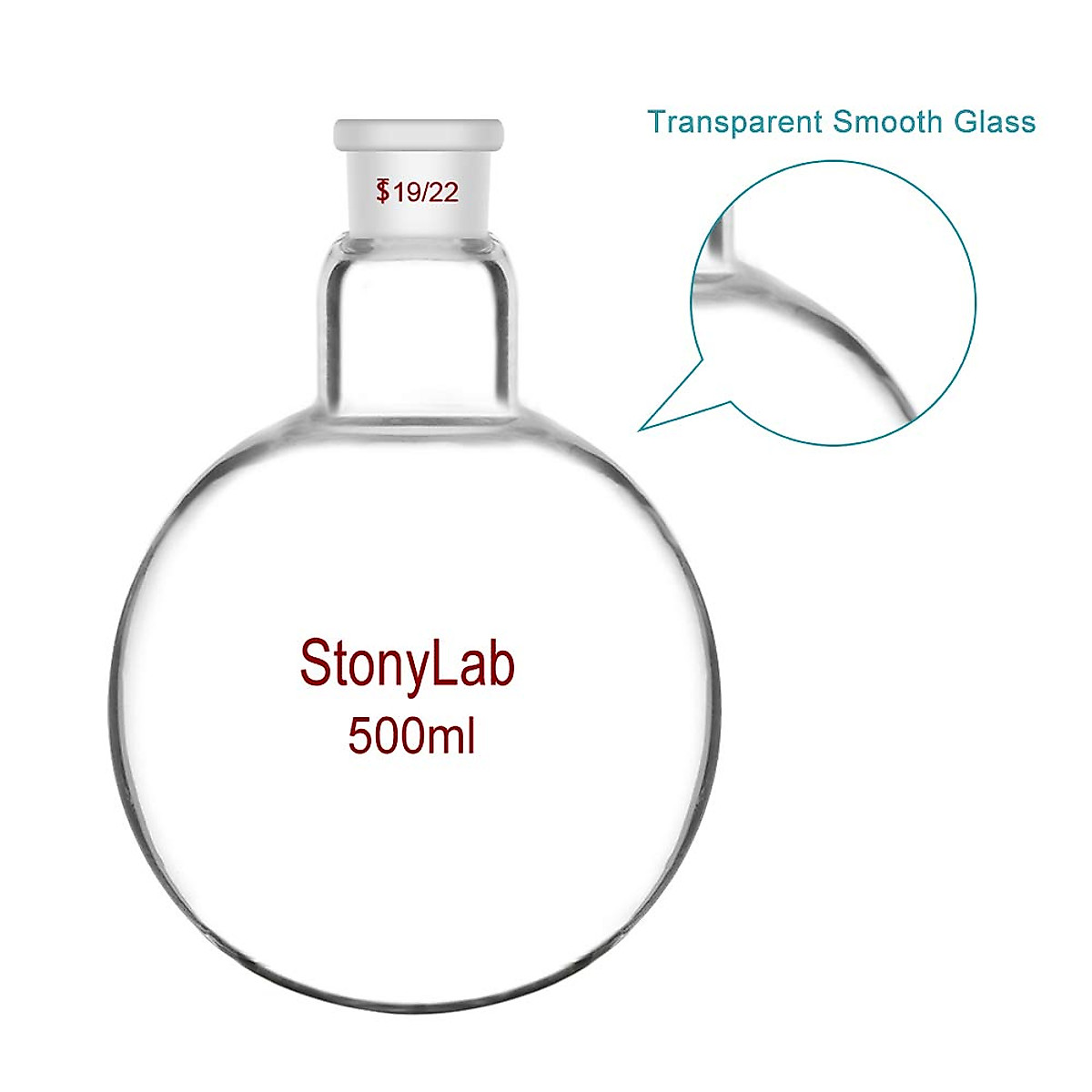 StonyLab Glass 500mL Heavy Wall Single Neck 1 Neck Round Bottom Flask RBF, with 19/22 Standard Taper Outer Joint - 500mL
