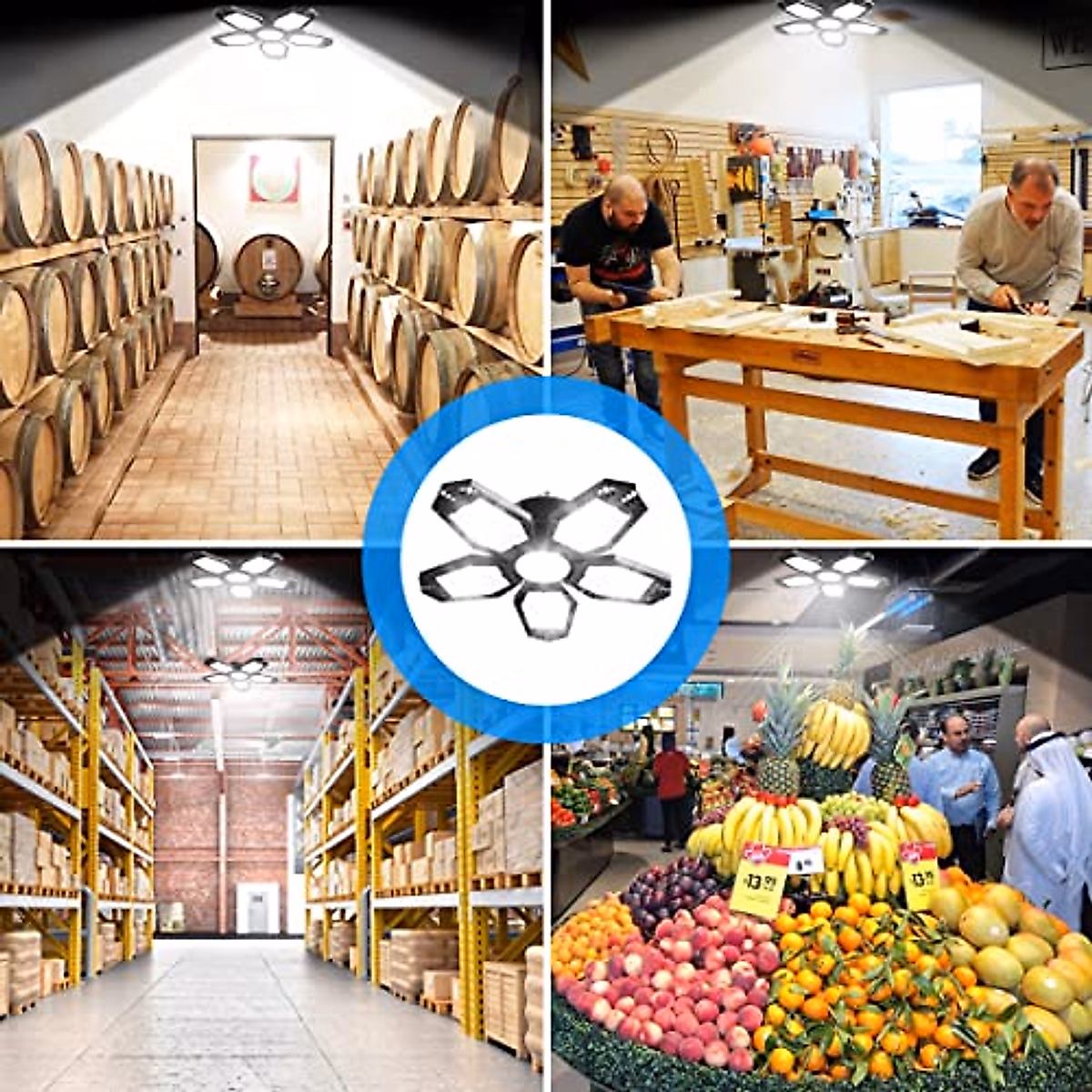 JAMIEWIN 2 Pack LED Garage Ceiling Lights, 120W 12000LM Deformable Garage Light Fixture 6500K E26/E27 LED Shop Light for Garage Workshop Basement Attic Barn