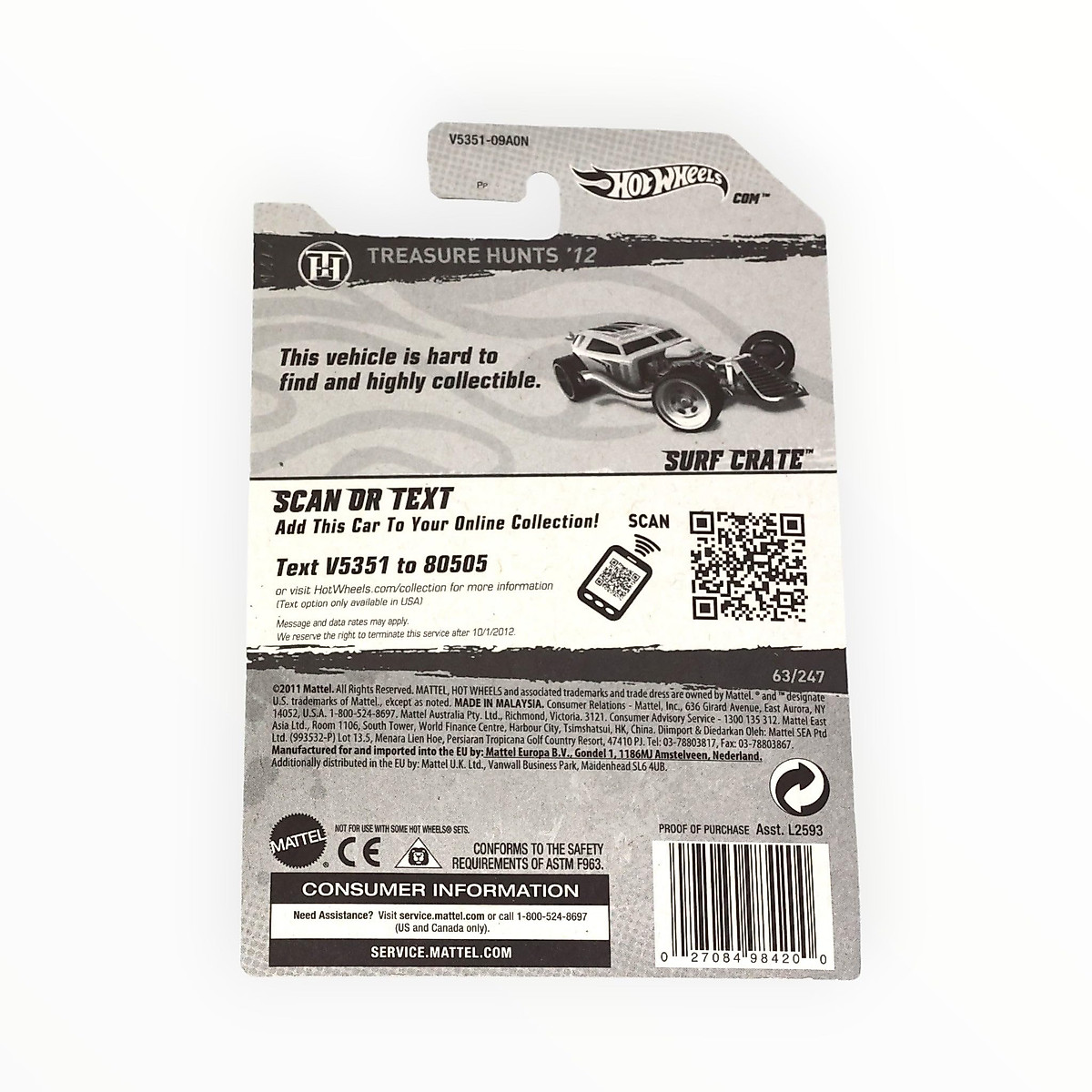 HOT WHEELS 2012 TREASURE HUNT SERIES #13 OF 15 SURF CRATE DIE-CAST