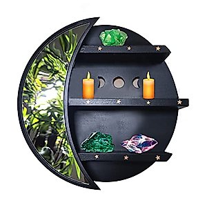 Big Gothic Crescent Moon Shelf with Warped Moon Mirror Wooden Shelf - Celestial Chic Witchy Decor- Perfect for Crystals Urban Apartments Living Room Bedroom (Multiple Colors Available) (Black)