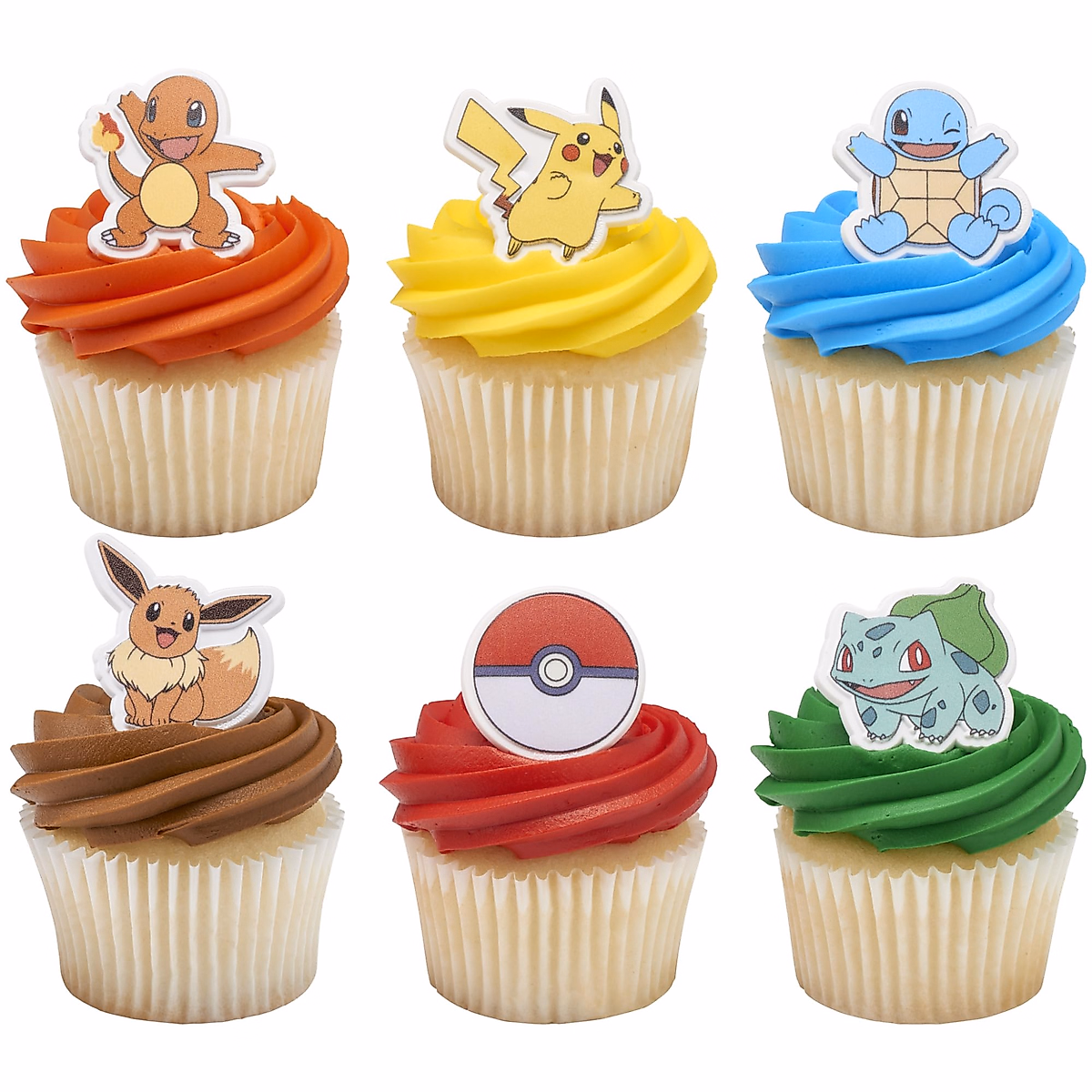 DecoPac Pokémon Rings, Cupcake Decorations With Pikachu, Bulbasaur, Eevee, Charmander, Squirtle, and Poké Ball, Multicolored Food Safe Cake Toppers – 24 Pack