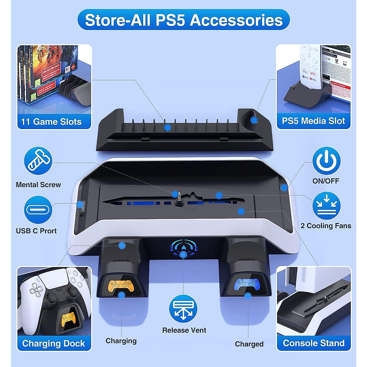 CYKOARMOR PS5 Stand with Cooling Station&Dual Controller Charger for PlayStation 5 PS5 Console(NOT Fit PS5 Slim), PS5 Accessories with 5V/3A Adapter, PS5 Base with Cooler Fan, Charging Dock