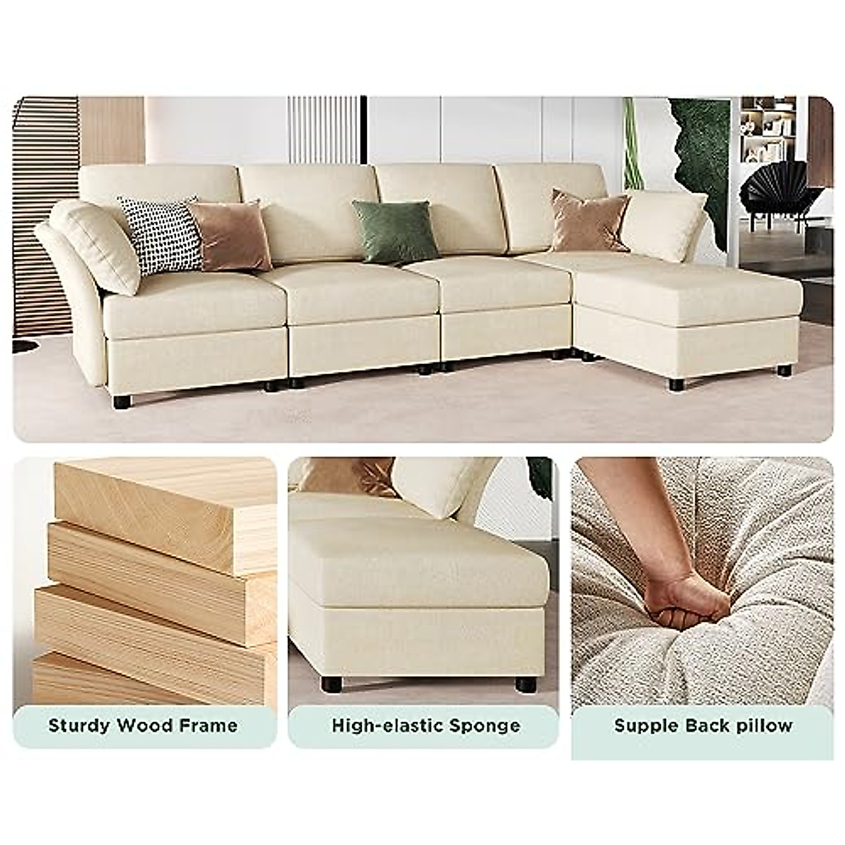 VanAcc Sectional Couch 6 Seats, Modular Sectional Sofa, Convertible Sofa in U Shape with Ottomans, Reversible Sofa Couch for Living Room, Beige Chenille