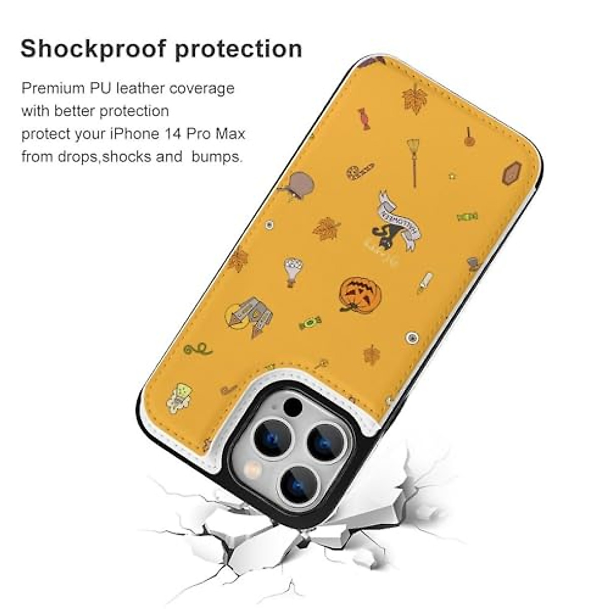 VEASPAEX iPhone 14 Pro Max Flip Phone Case - Protective Case with Card Slot - [Slim + Durable] Suitable for Women and Men TPU+Leather Material Halloween Pattern Multicolor
