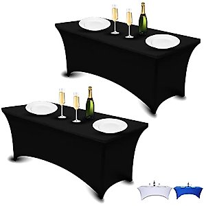 Leoa's Lux 2 Pcs Black Spandex Table Covers 6ft Fitted Tablecloth Stretch for Standard Folding Tables - Elastic Rectangular Wrinkle Resistant Massage Table Clothes for 6 Foot Rectangle Tables
