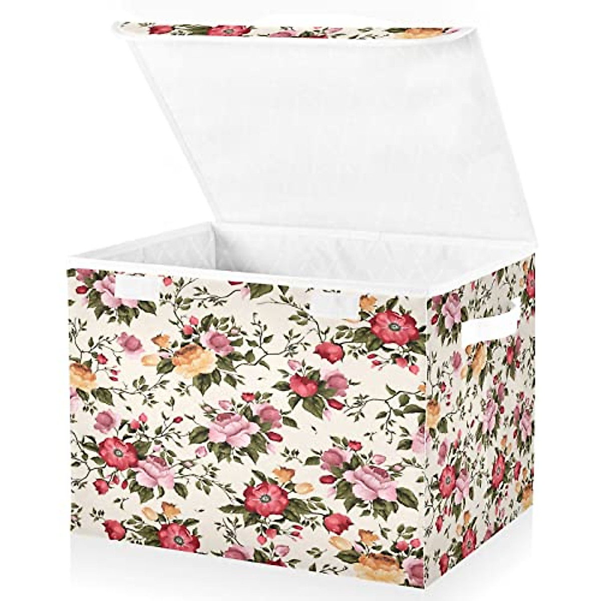 Floral Pattern Storage Basket 16.5x12.6x11.8 In Collapsible Fabric Storage Cubes Organizer Large Storage Bin with Lids and Handles for Shelves Bedroom Closet Office