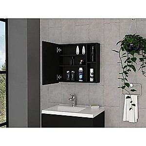 Queets Medicine Single Door Cabinet with Mirror, 2 Open Shelves, and 3 Inner Shelves, Black