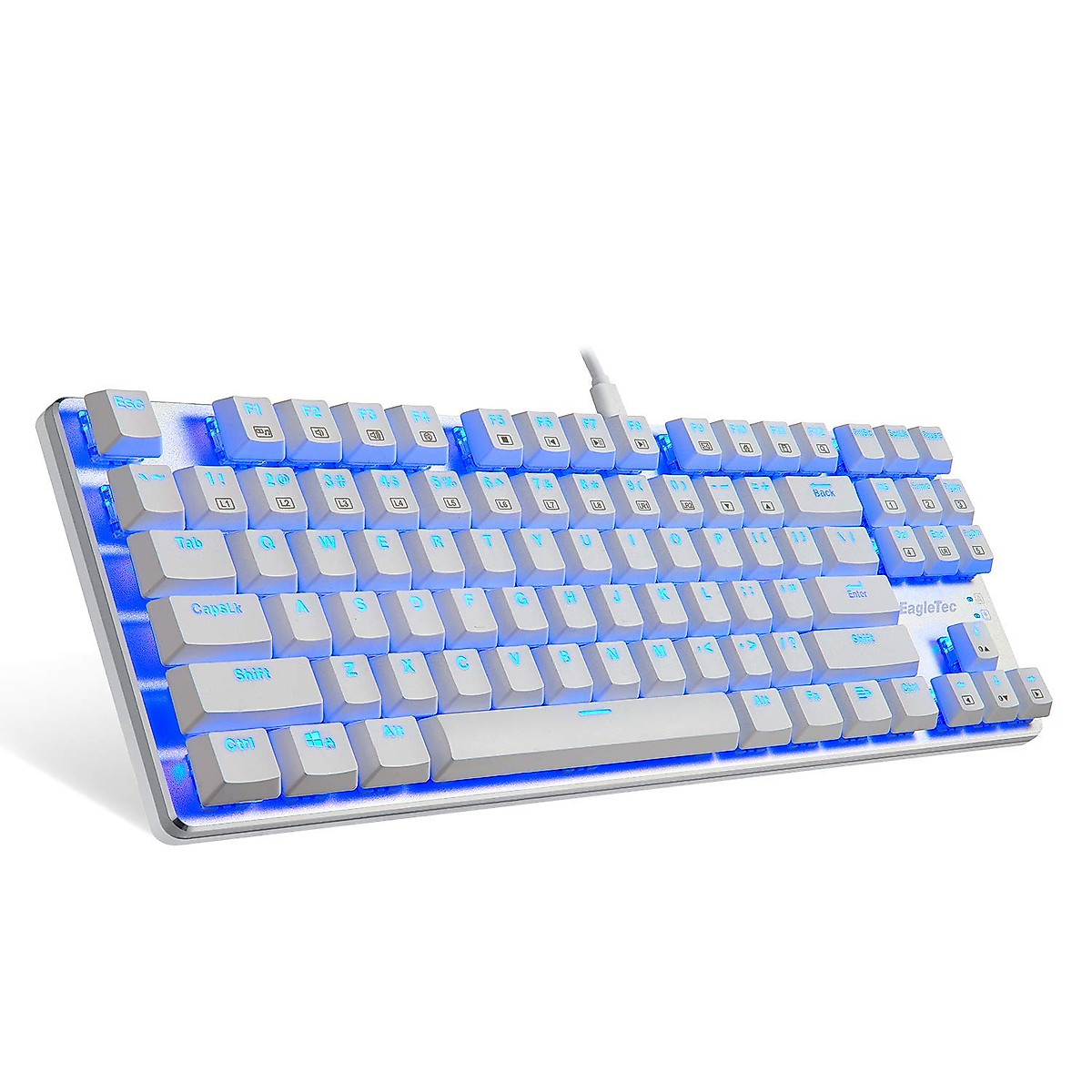 EagleTec KG061-BR BLUE LED Backlit Mechanical Gaming Keyboard Low Profile Mechanical Gamers Keyboard 87 Key Mechanical Computer USB Gaming Keyboard for PC (WHITE VERSION)