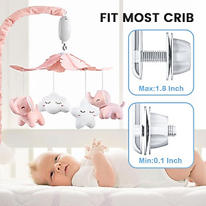 FEISIKE Baby Crib Mobile for Girls Boys with 3 Modes Digital Musical Motor（Rotating Only, Music Only, Rotating & Music, 35 Lullabies, Pink Elephant Nursery Mobile, Knob Type