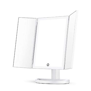KXA Foldable Makeup Mirror, Vanity Mirror Dimmable LED Lights with Wide-Angle Touch Screen and Countertop Adjustable 360 Degree Bracket