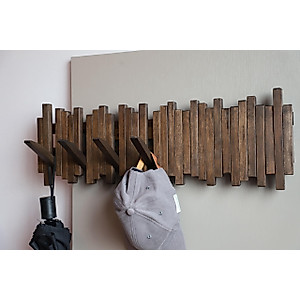GOGREEBELL Natural Wood Wall Mounted Piano Coat Rack| Coat Rack Wall Mount| Flip Down Wall Hook Rack 7 Hooks| Entryway Wall Art Hook,Made of Acacia Wood (Wood Wax Oil Dyed Walnut Color).Wall Art
