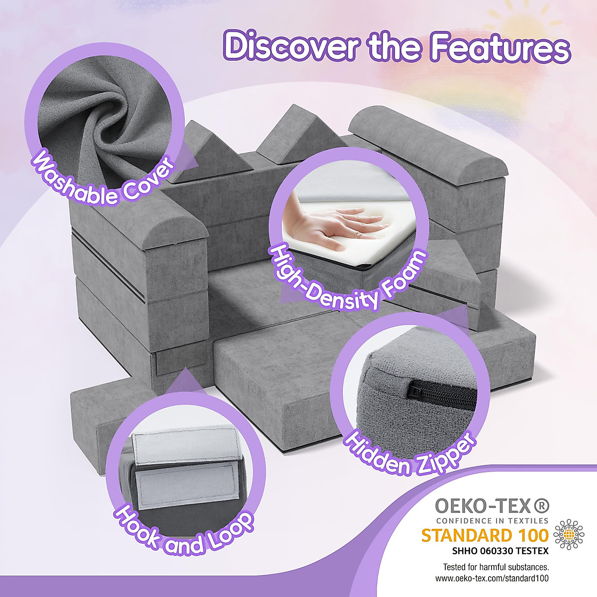 Xilingol Kids Couch Toddler Couch, 10Pcs Kids Modular Play Couch, Kids Sofa with Ottomans, Convertible Foam Couch Play Set for Creative Child, Kids Furniture for Playroom (Gray)