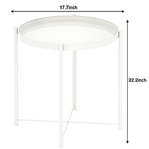 Fixwal End Table, Folding Metal Side Table White Small Coffee Table Sofa Side Table with Removable Tray for Living Room Bedroom Balcony and Office
