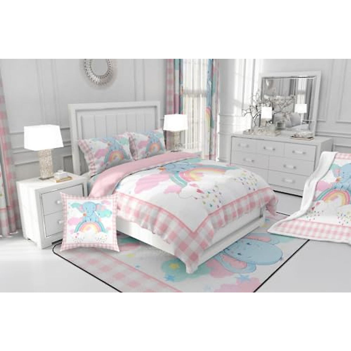 jejeloiu Cartoon Elephant Bedding Set Rainbow Print Comforter Cover Twin Size for Kids Boys Cute Animal Duvet Cover Set 100% Cotton Star Clouds Down Cotton Duvet Cover 2Pcs Pink White Plaid Girls