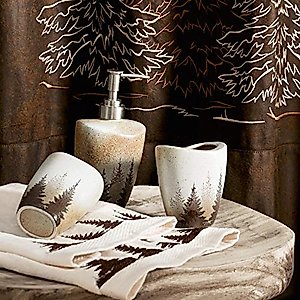 Paseo Road by HiEnd Accents | Clearwater Pines 3 Piece Rustic Countertop Bathroom Accessory Set with Soap Lotion Dispenser, Tumbler, Toothbrush Holder, Forest Pine Tree Cabin Theme Bath Accessories