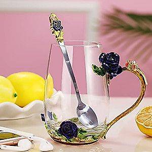 ZTBBW Tea Cup, Glass Coffee Mug with Spoon, Handicraft Crystal Glass 3D Flower Tea Cup, Women Ideal Christmas Gift for Birthday, Wedding, Mother's Day (Blue)