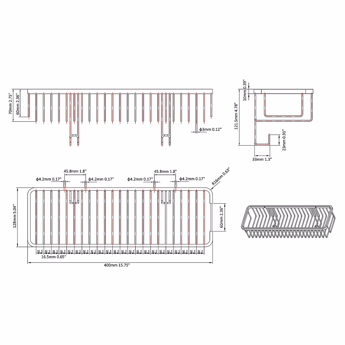 Wayime 16" Stainless Steel 304 No-Drilling Wall-Mounting Shower Caddy with Hook as Bathroom Shelf Kitchen Shelf