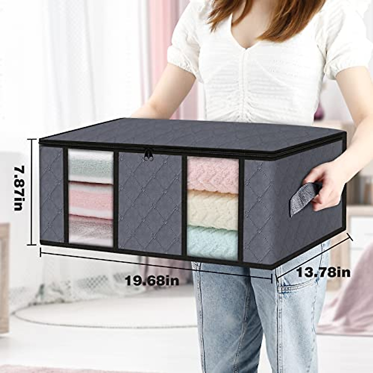 HomeHacks Storage Clothing Storage Bags, Storage Box Clothes Organizer with Clear Windows, Sturdy Handles Clothing Storage for Cloth, Toy, Bedding Storage, 3-Pack, Grey