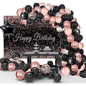 Toylin Rose Gold Black Birthday Decorations, 100 pcs Black Rose Gold Birthday Balloons Photography Backdrop Banner for Boys Girls Men Women Birthday Party Decorations Supplies