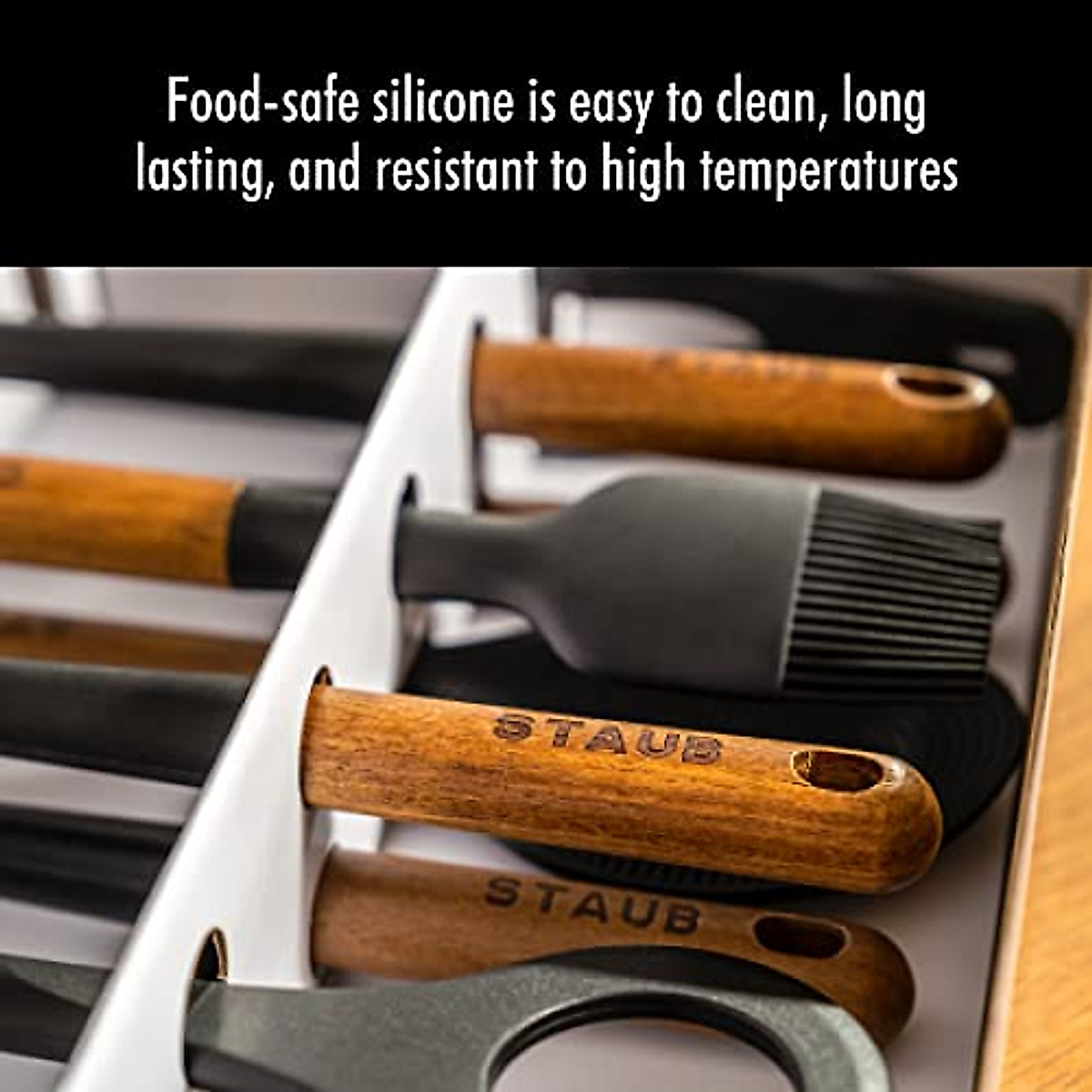 STAUB Pastry Brush, Perfect for Evenly Glazing Pastries and Basting Meats, Durable BPA-Free Matte Black Silicone, Acacia Wood Handles, Safe for Nonstick Cooking Surfaces