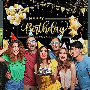 Happy Birthday Backdrop Banner Gatherfun Birthday Party Supplies Decorations Large Black and Gold Photography Background for Boys Girls Men Women Birthday Party