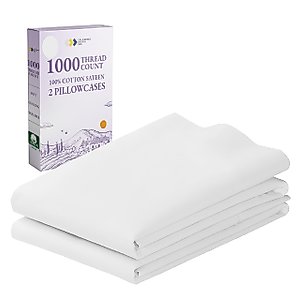 1000 Thread Count, Soft & Smooth, 100% Cotton Sateen Weave, Hotel-Quality, Set of 2 Classic Style Bright White Pillow Cases Standard Size Fits Std & Queen Size Pillows