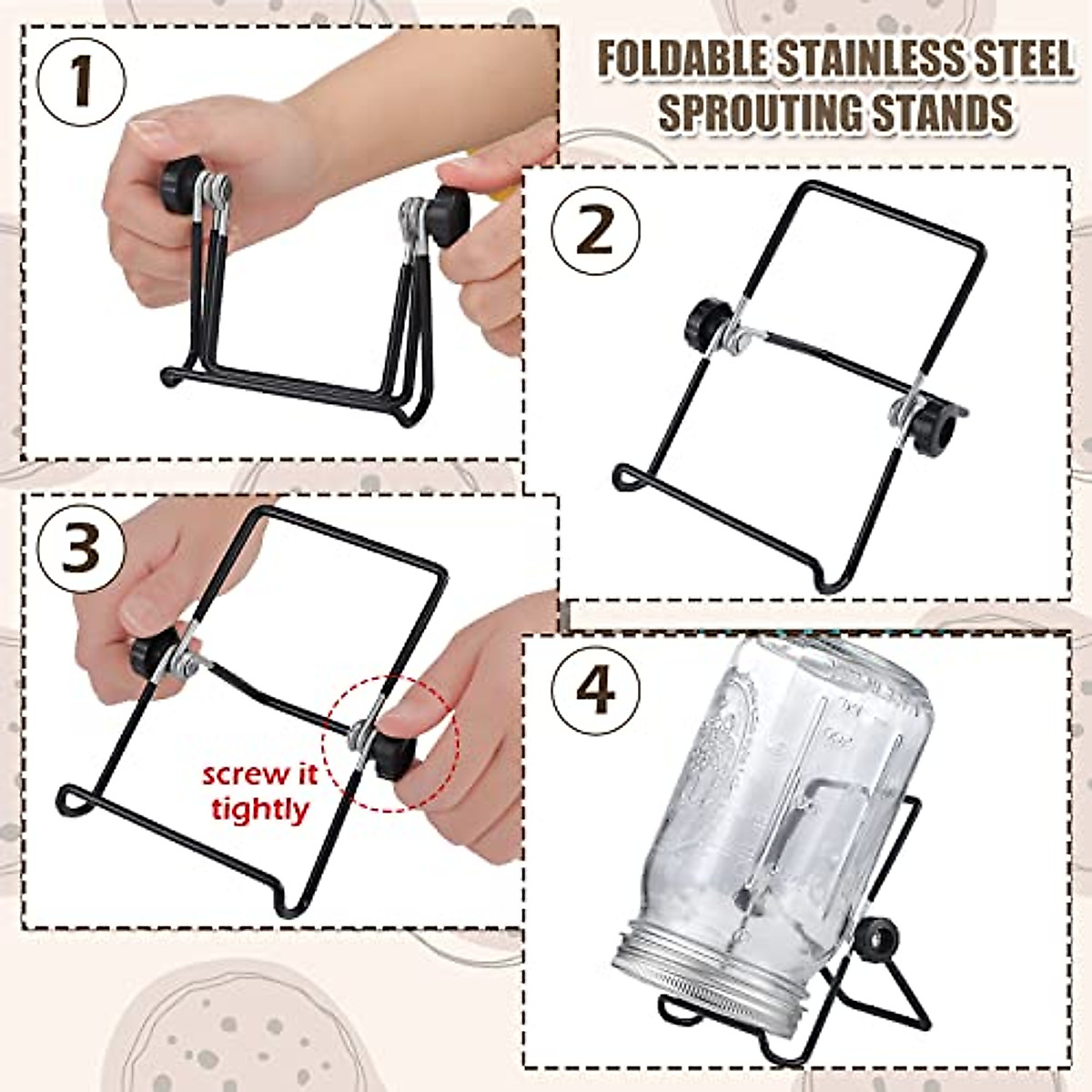 meekoo 4 Sprouting Jar Kit Wide Mouth Mason Jars with Stainless Steel Screen Sprout Lids and Stand Microgreens Growing Kit Seed Germination Kit Seed Sprouter Set for Growing Broccoli Alfalfa Mung Bean