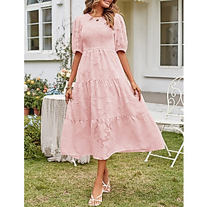 MEROKEETY Summer Dress for Women Elegant Smocked Short Puff Sleeve Floral Solid Midi Maxi Dresses,Pink,L