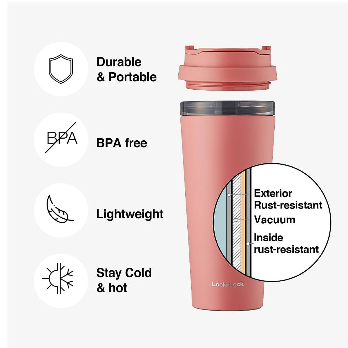 LocknLock Clip Tumbler Black 18oz, Coffee Tumbler with Leak Proof Lid, BPA-Free Double Wall Stainless Steel Vacuum Insulated Travel Mug Cup for Hot & Cold Beverage