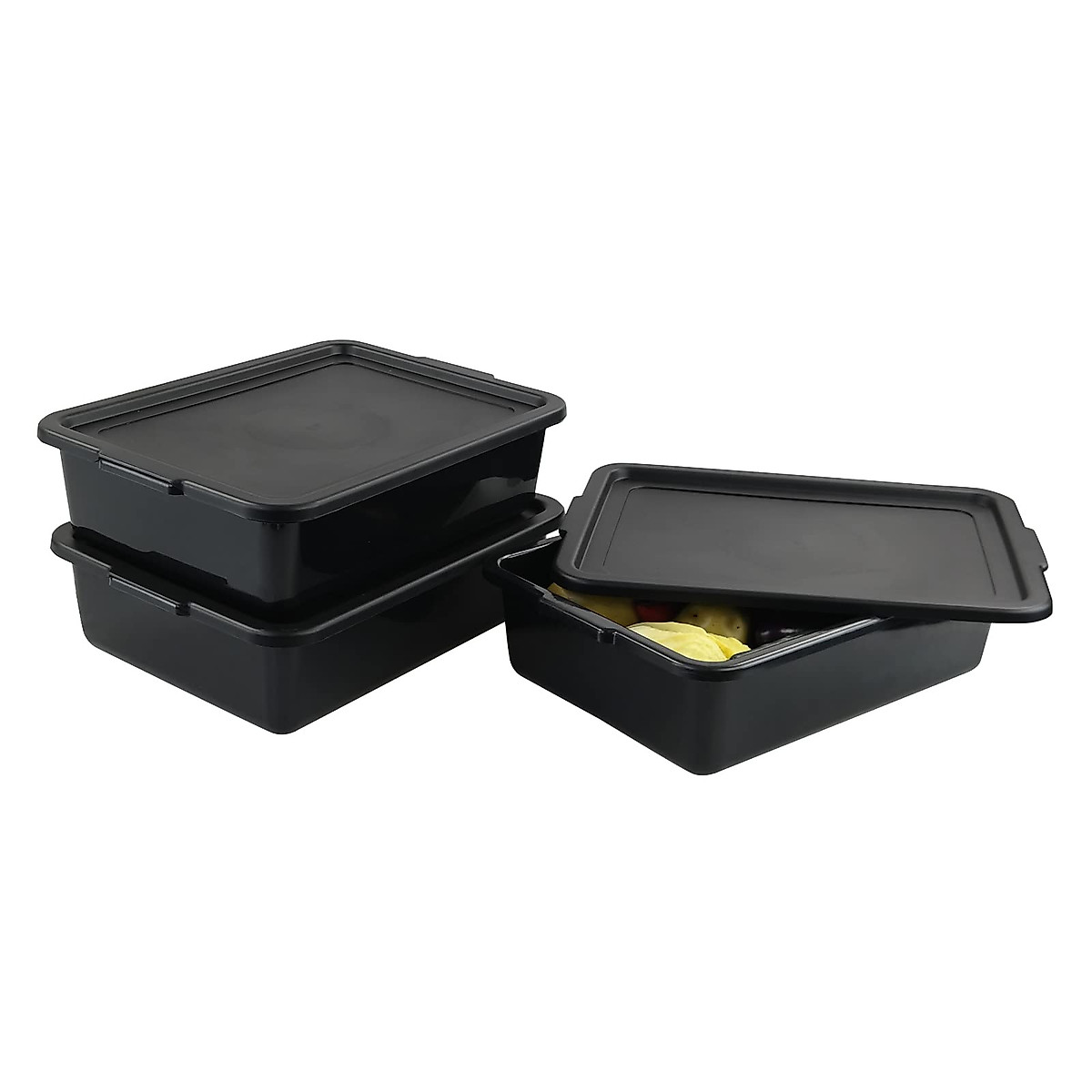 Xyskin Plastic Storage Utility Bus Tote with Lid, Restaurant Commercial Bus Box, 3 Packs, Black