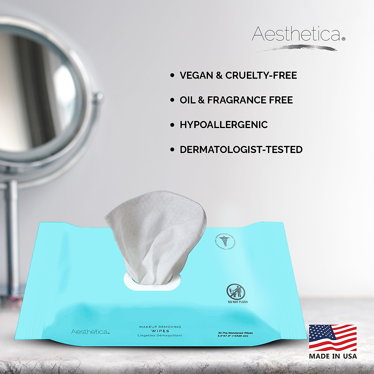 Aesthetica Makeup Removing Wipes - Face & Eye Makeup Remover Wipes - 6 Pack Bulk (180 Wipes Total) Hypoallergenic & Dermatologist Tested - Oil & Fragrance Free - Made in USA