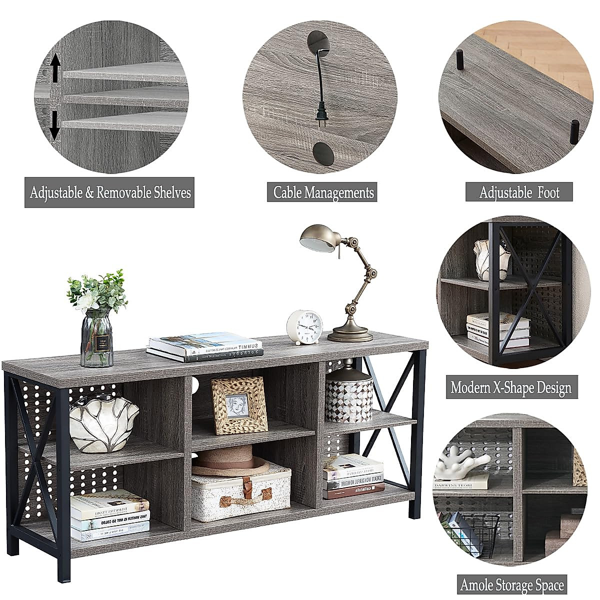 LVB Rustic Entertainment Center for 65 Inch TV, Industrial Wood TV Stand with Media Cabinet Storage, Farmhouse Metal Television Stands Console Table for Home Living Bedroom, Light Grey Oak, 55 Inch