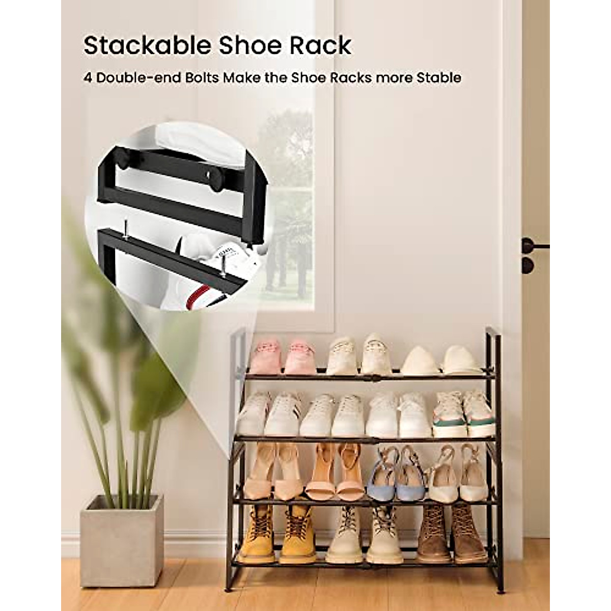 Hzuaneri 2-Tier Expandable Shoe Rack, Adjustable Shoe Storage Organizer, Heavy Duty Metal Shoe Stand, Free Standing Shoe Shelf for Entryway Closet Doorway, Portable and Space Saver, Black