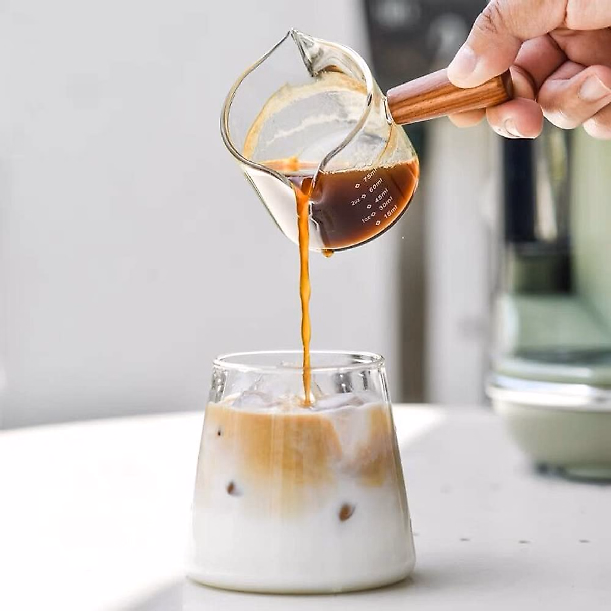 2 Pack Double Spout Espresso Coffee Shot Glass with Wood Handle Measuring Triple Pitcher Milk Cup 75 ml Coffee Replacement Carafe for Barista Coffee Carafe Milk Espresso Making