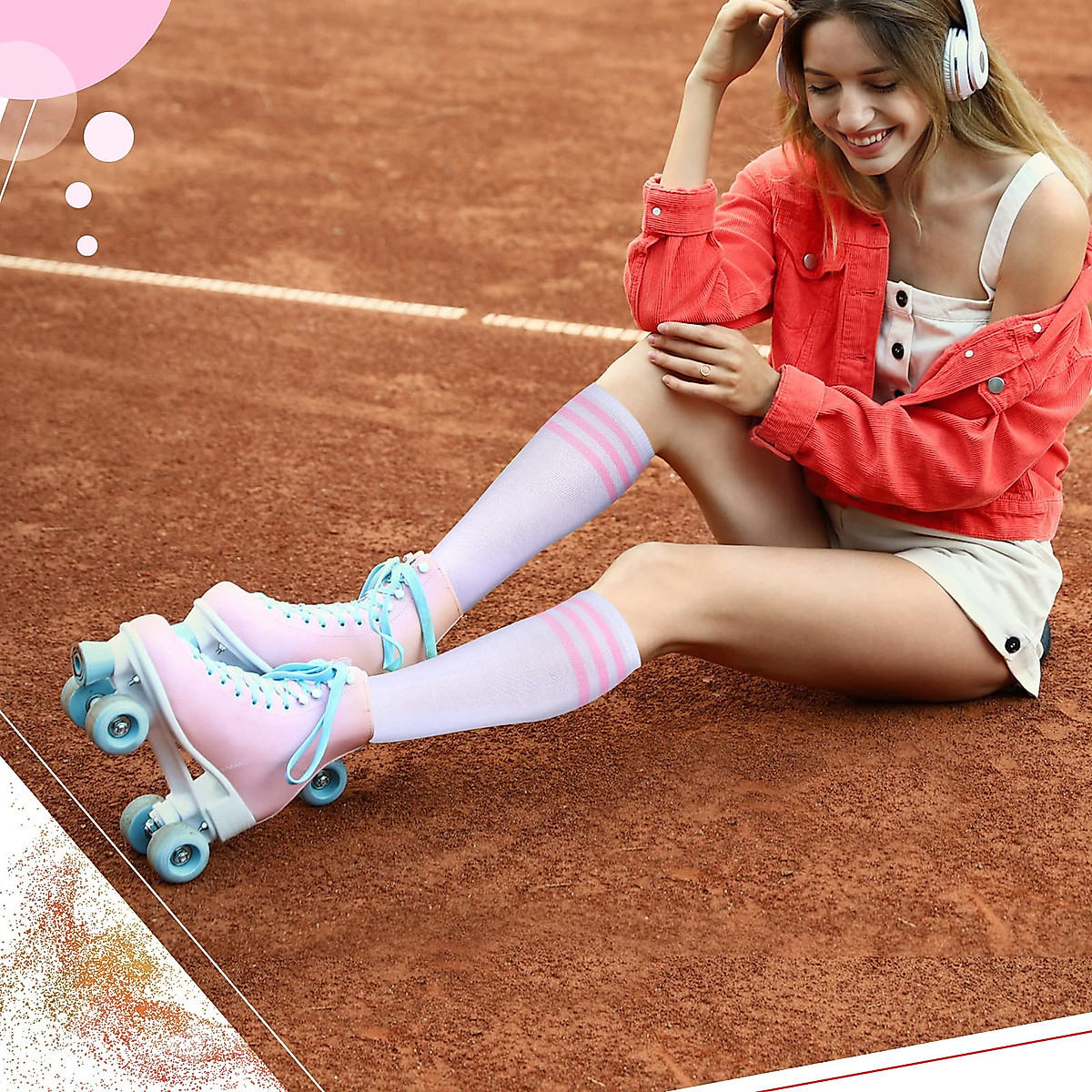 Unittype 6 Pair White Knee High Socks for Women Striped Socks Long Socks Tube Socks Roller Skate Socks for Girls Youth Gift