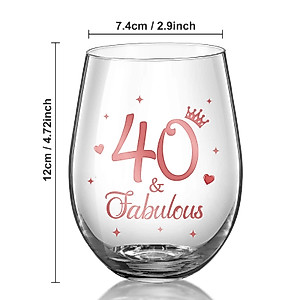 Stemless Wine Glass Rose Gold Birthday Wine Glass Present Anniversary Glasses for Man Women Birthday Party Wedding Anniversary Decorations, 17 oz (40 and Fabulous)