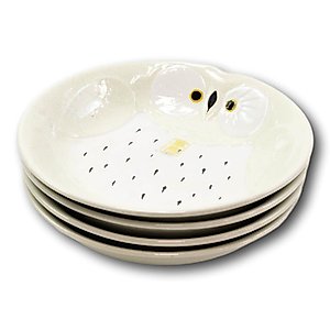 Set Of 4 White Owl Ceramic Salad Entree Deep Plates Or Shallow Bowls