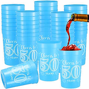 Roshtia 40 Pcs Summer 50th Birthday Cups Cheers to 50 Years Plastic Stadium Cups 16 oz Blue White Party Cups for Birthday Decorations Party Favors Supplies Wedding Anniversary