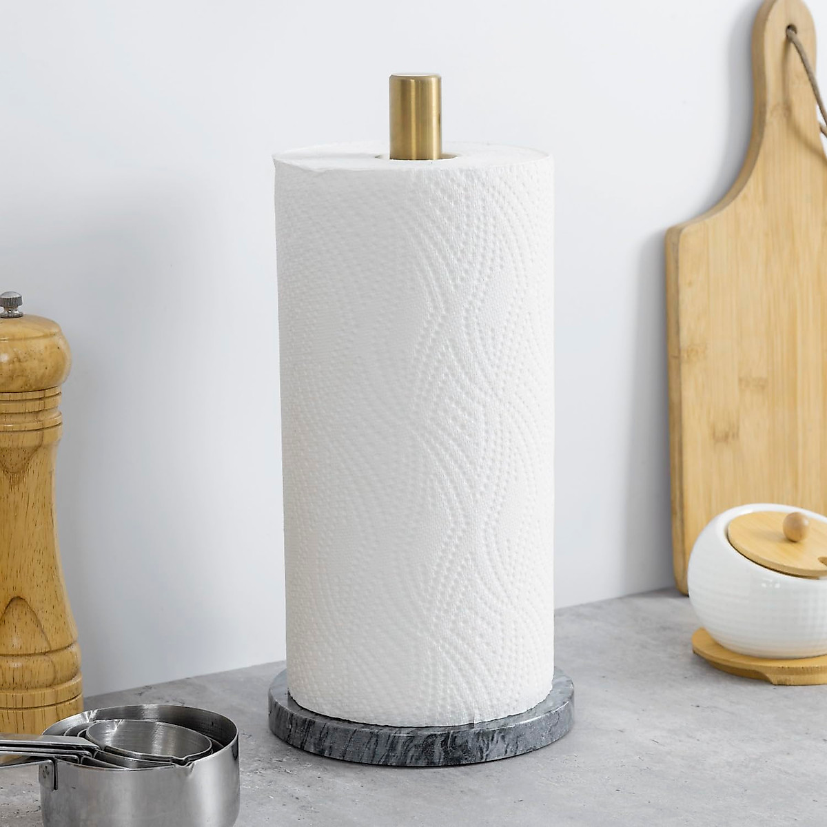 MyGift Modern Brass Paper Towel Holder for Counter with Black Marble Base, Kitchen Paper Towel Stand Holder for Standard and Large Size Rolls