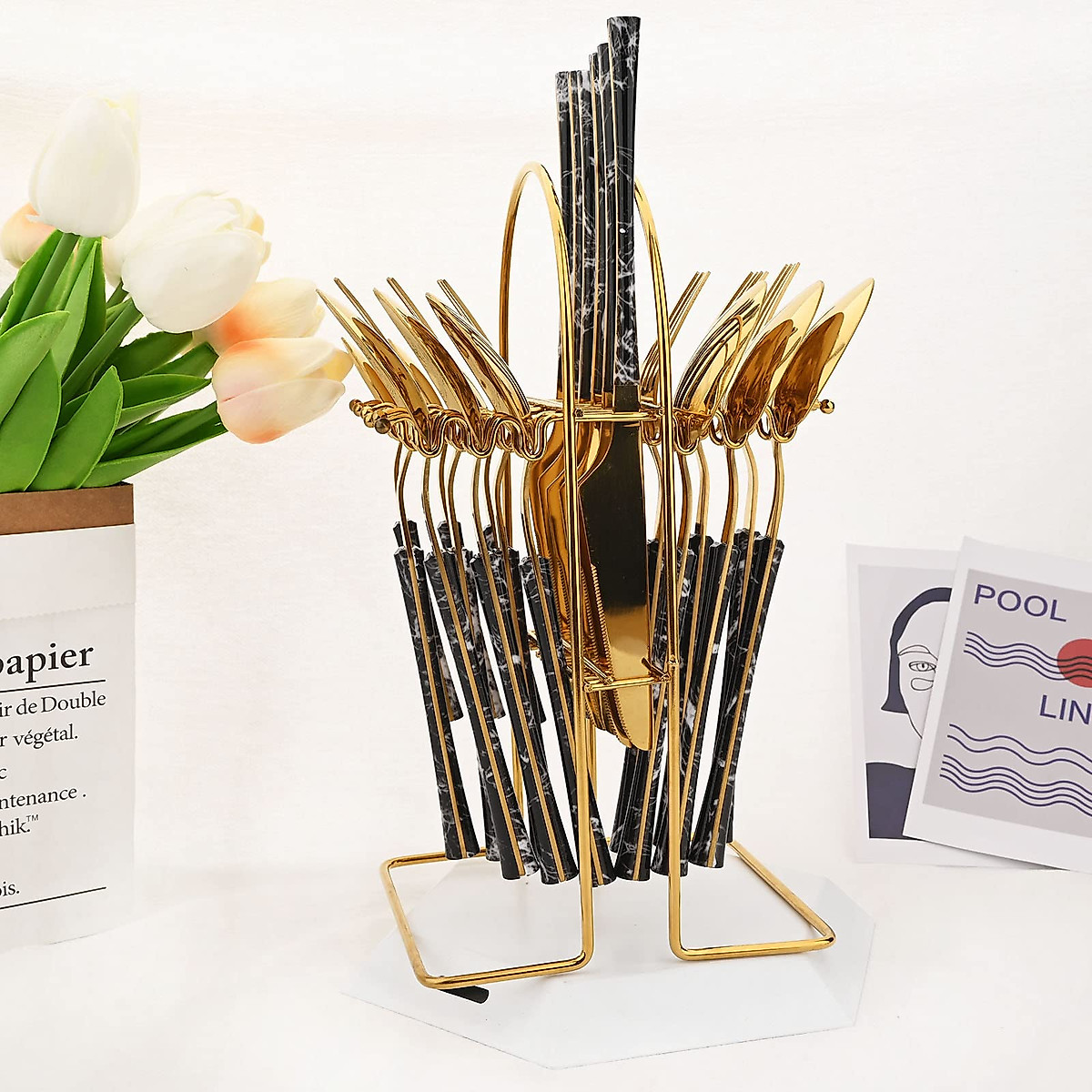 Snplowum 1 Pcs Gold Stainless Steel Cutlery Stand, Holds 24pcs Silverware Cutlery, Hanging Flatware Storage rack, 8.82oz