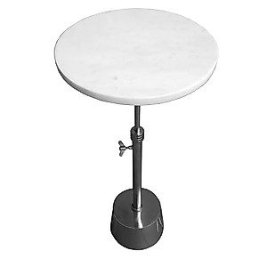 Benjara Aluminum Frame Round Side Table with Marble Top and Adjustable Height, White and Silver
