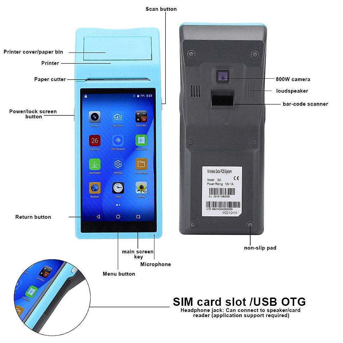 Android POS Terminal Receipt Printer,Handheld Receipt Printers with 5.5- inch Touch Screen support 3G, WIFI, BT3.0 / 4.0 for iBeacon,Quad Core CPU Portable Receipt Print Built-in All-in-One(blue)