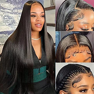 WUANYO 13x6 Straight Lace Front Wigs Human Hair Pre Plucked with Baby Hair 13x6 HD Transparent Lace Frontal Wig 180% Density Brazilian Virgin Wigs for Black Women