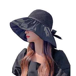 Women's UPF 50+ UV Sun Protection Breathable Wide Brim bowknot bucket hat Sun Hat (H-Black)