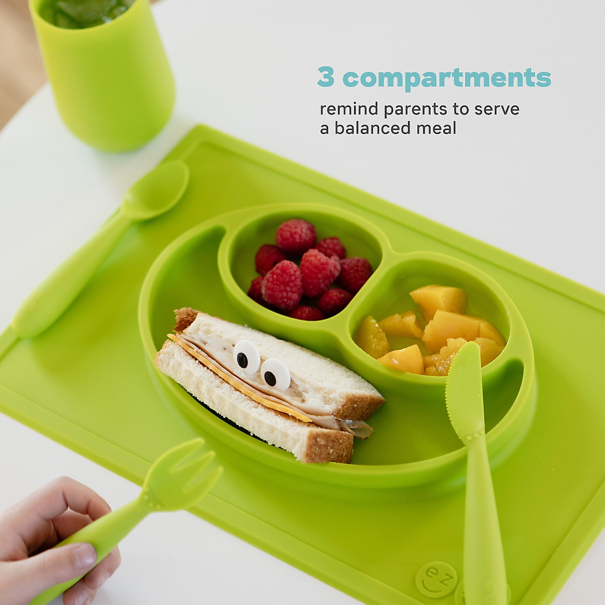 ezpz Happy Mat - 24 Months+ (Lime) - 100% Silicone Suction Plate with Built-in Placemat for Toddlers + Preschoolers - Divided Toddler Plates - Toddler Essentials…